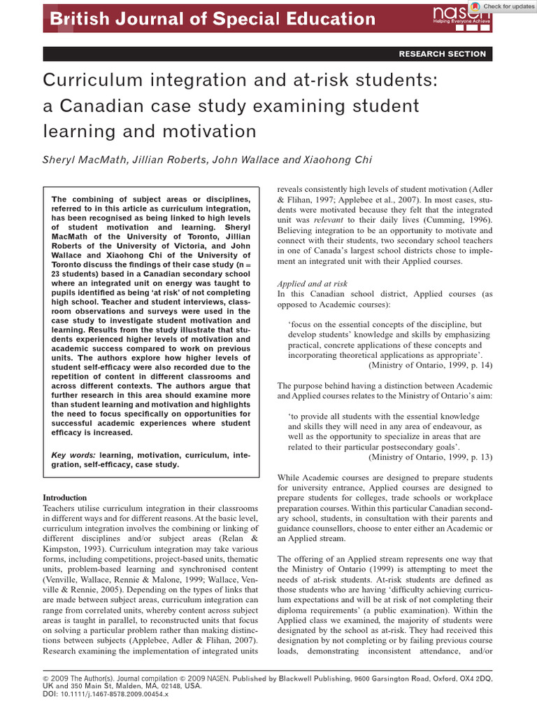 Curriculum Integration and at Risk Students A Canadian Case | PDF ...