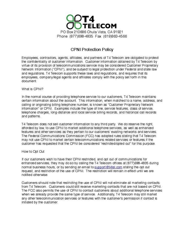 T4 Telecom CPNI Protection Policy | PDF