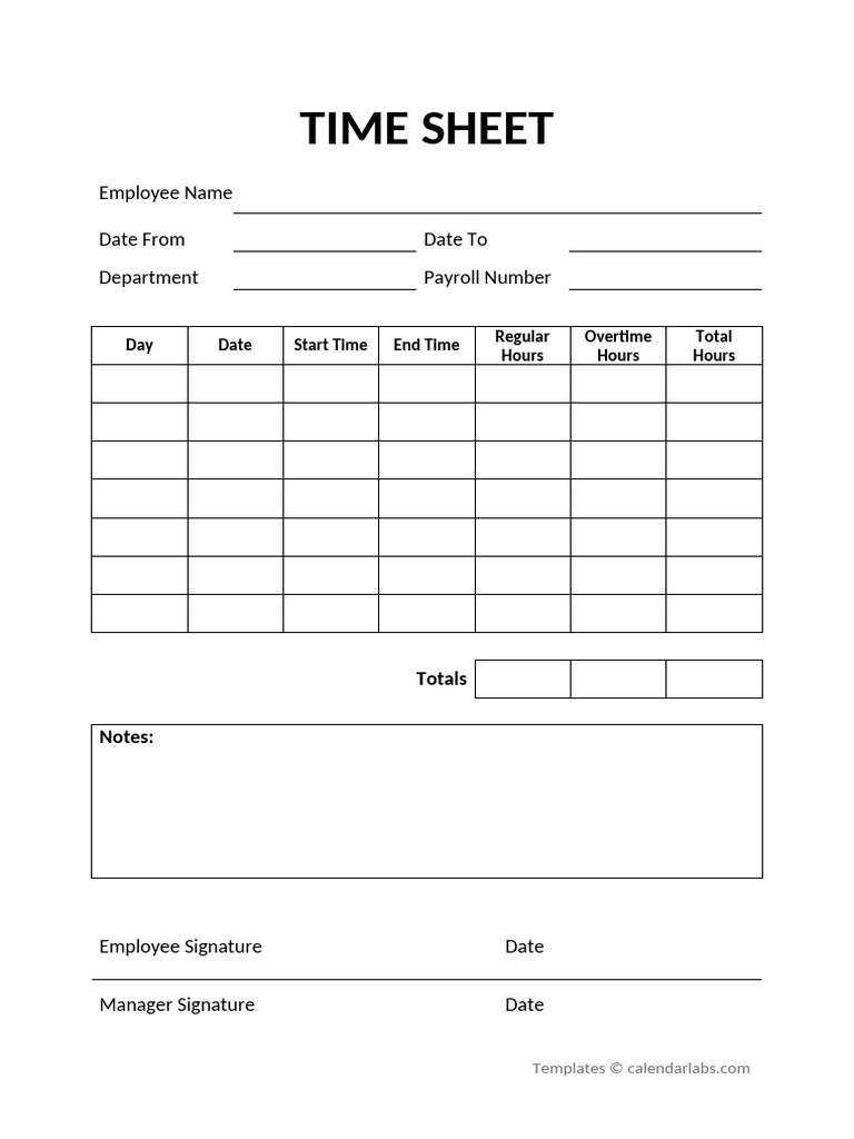 Printable Employee Time Sheet Template | PDF