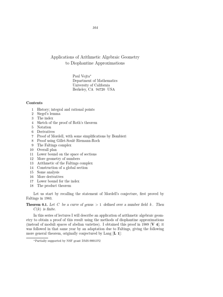Applications Of Arithmetic Algebraic Geometry To Diophantine Approximations Vojta Pdf