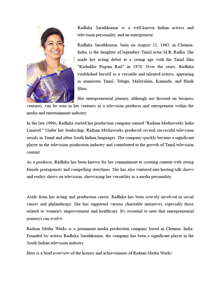 Radhika Sarathkumar and Radaan Media Works as a Start-Up^ | PDF