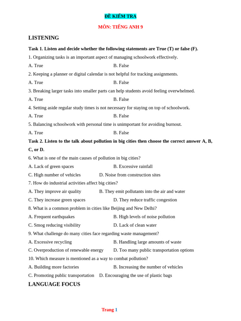 De Kiem Tra Giua HK1 Anh 9 Global de 6 | PDF