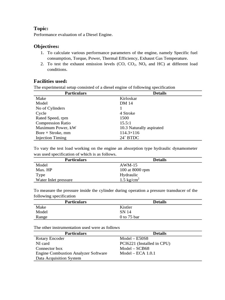 Diesel Engine Performance Evaluation | PDF | Thermocouple | Engines