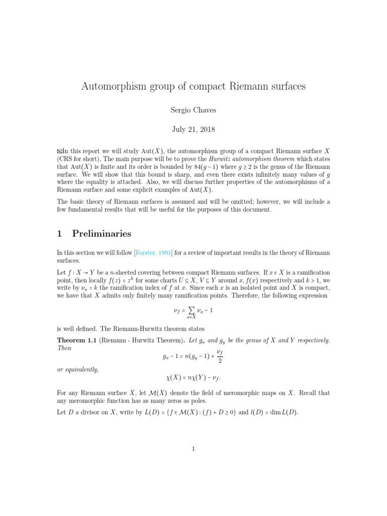 Automorphism Group of Compact Riemann Surfaces | PDF | Group (Mathematics) | Mathematical Analysis
