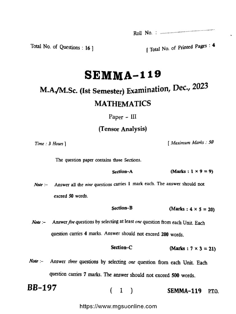 Ma MSC 1 Sem Mathematics p3 Tensor Analysis Semma 119 Dec 2023 | PDF