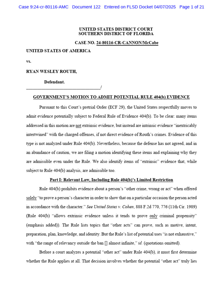 Motion to Admit 404(b) Evidence in Routh Case | PDF | Relevance (Law ...