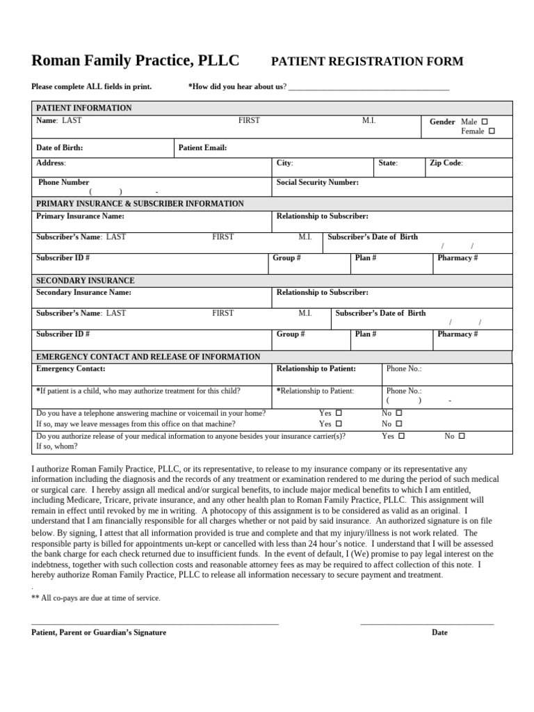 Patient Registration Form - Roman Family Practice | PDF | Public ...