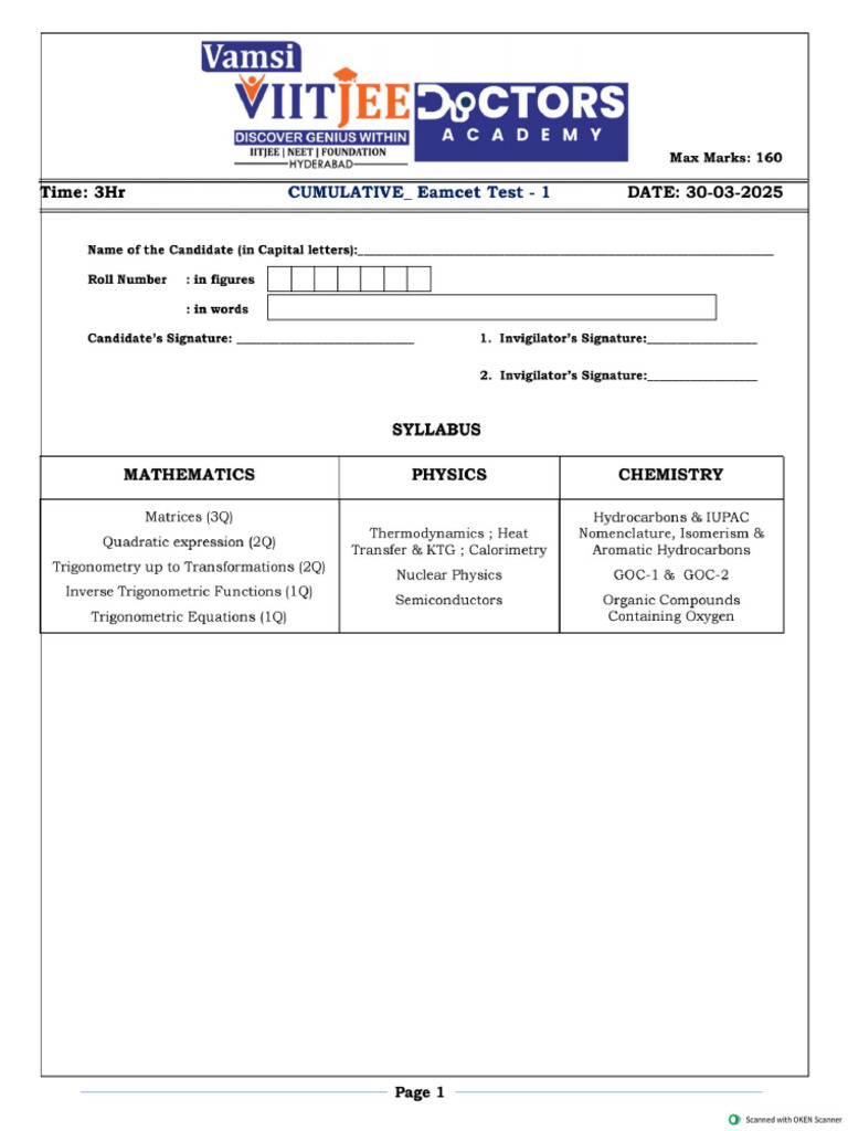 Cumulative Eamcet Test-1!30!03 2025 QP | PDF