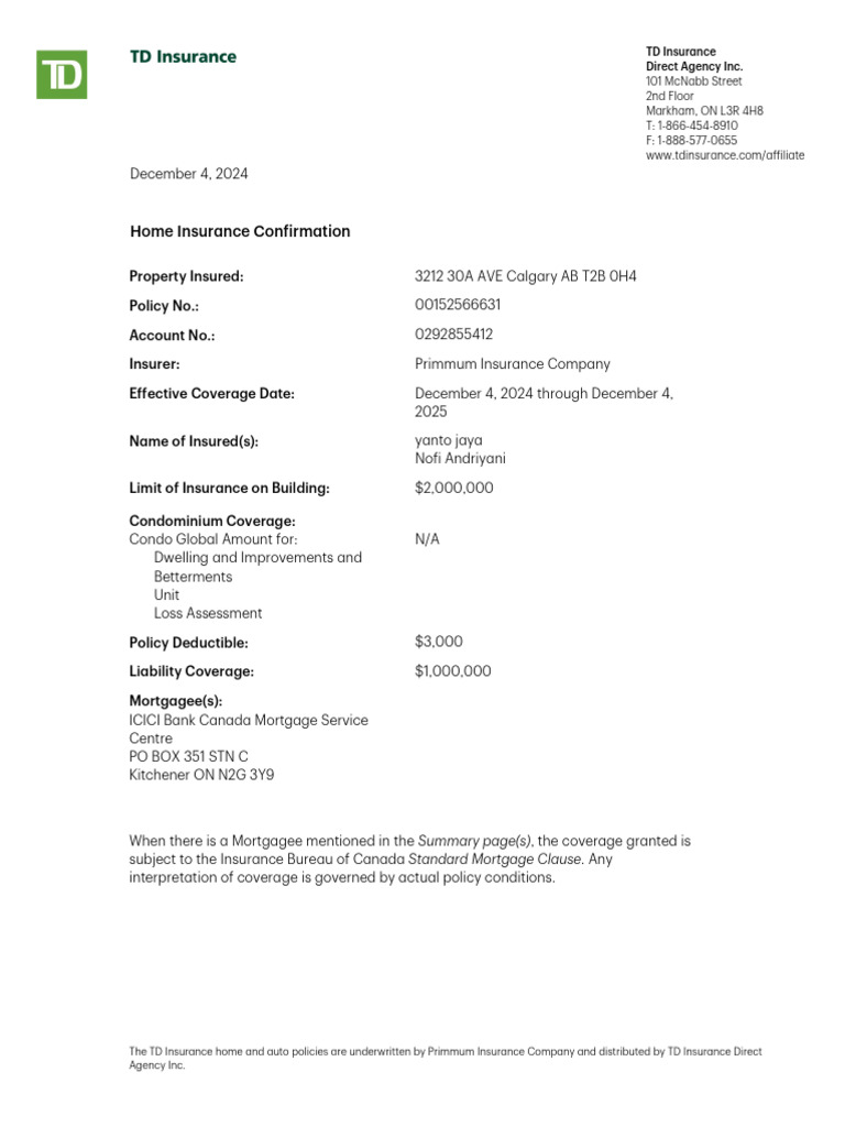 TD Home Insurance Confirmation Document | PDF | Insurance | Home Insurance