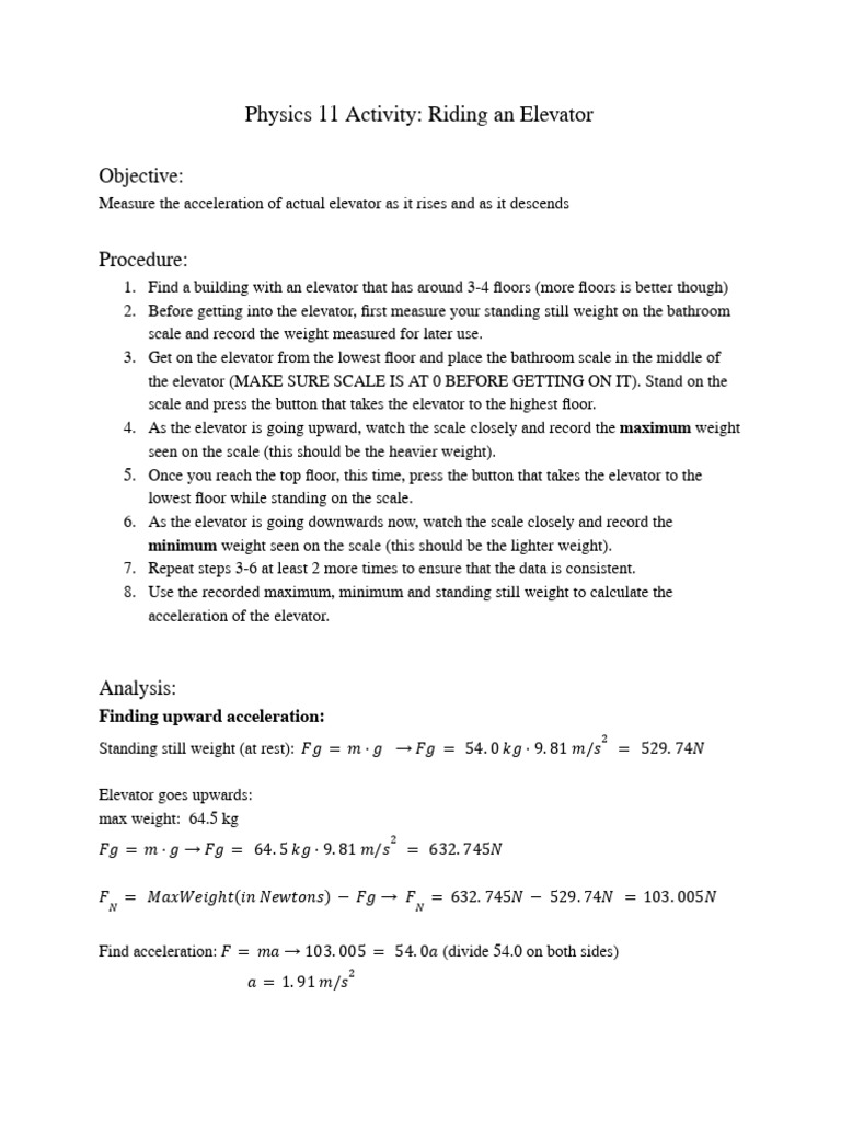 Riding An Elevator - Physics 11 Activity | PDF | Weight | Elevator