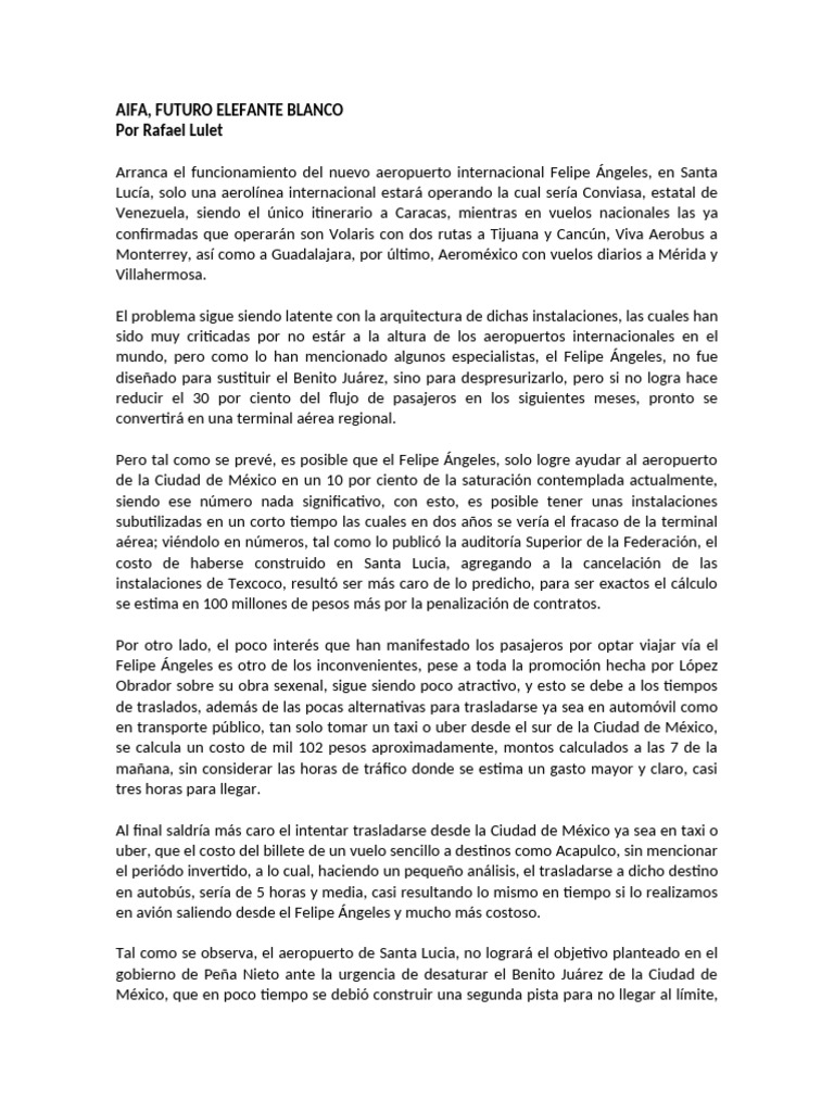 AIFA: ¿Un futuro elefante blanco? | PDF | Transporte | Aviación
