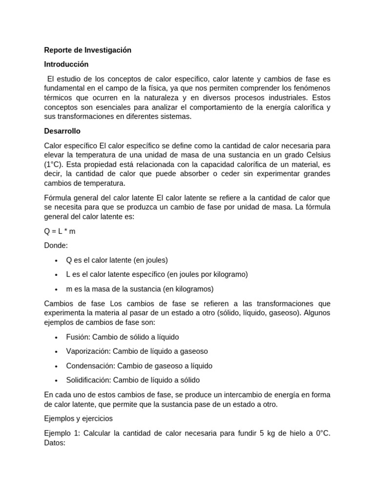 Calor Específico y Cambios de Fase | PDF | Calor | Calor latente