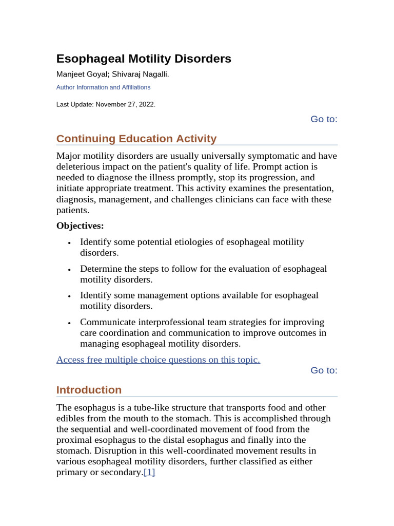 Esophageal Motility Disorders | PDF | Esophagus | Gastroesophageal ...
