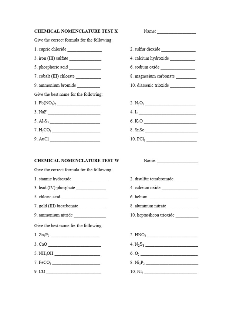 Chemical Nomenclature Test X103005 | PDF
