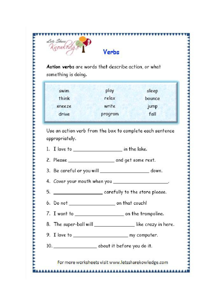Grade 3 Worksheets Verbs Page 7 | PDF
