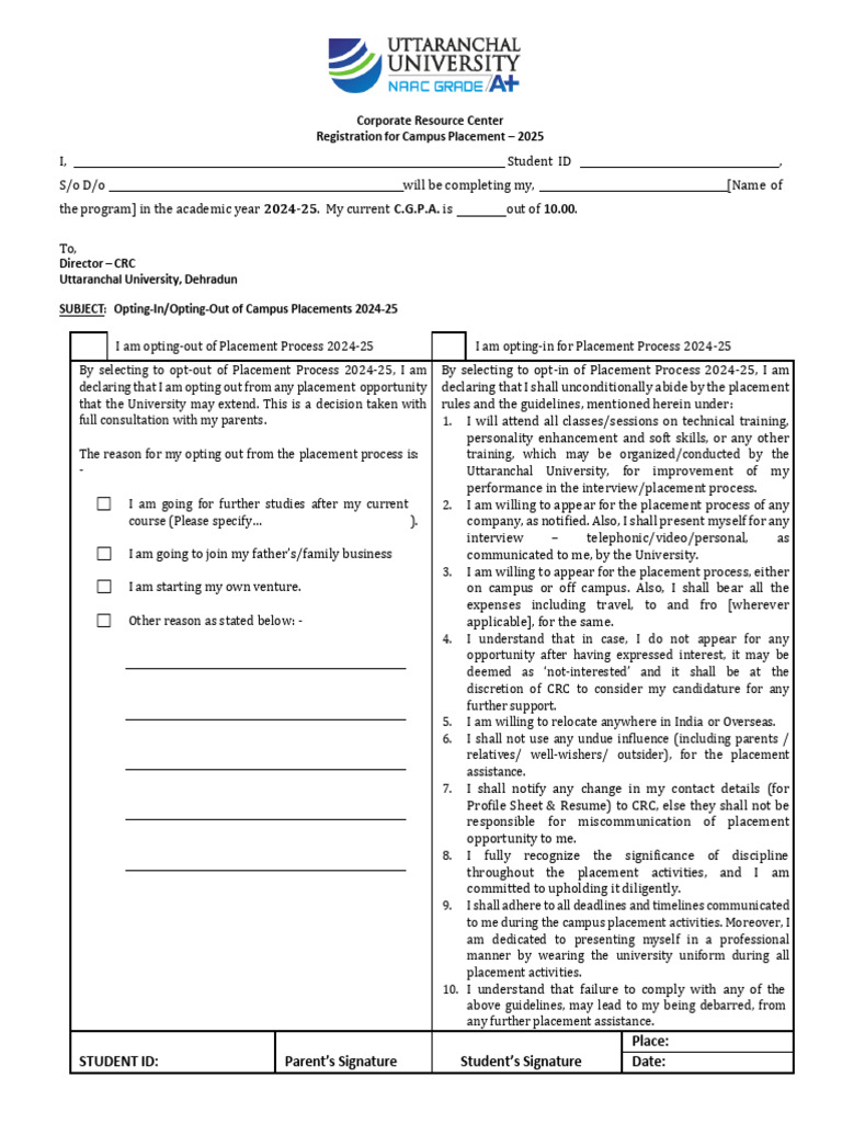 Placement Consent Form 2024-25 | PDF | Justice | Crime & Violence