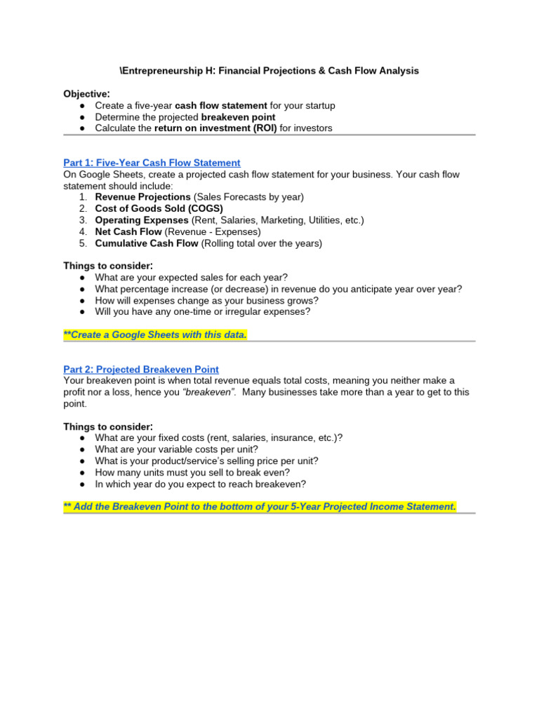 Entrepreneurship H - Financial Projections & Cash Flow Analysis | PDF