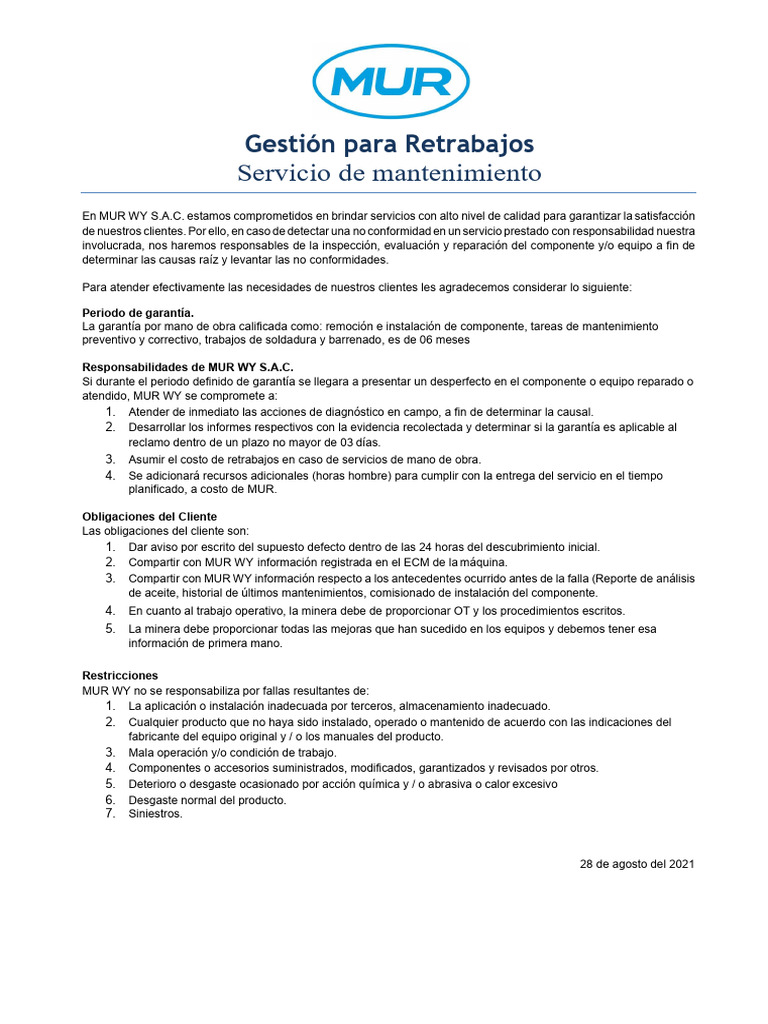 Gestión de Retrabajos y Garantías MUR WY | PDF
