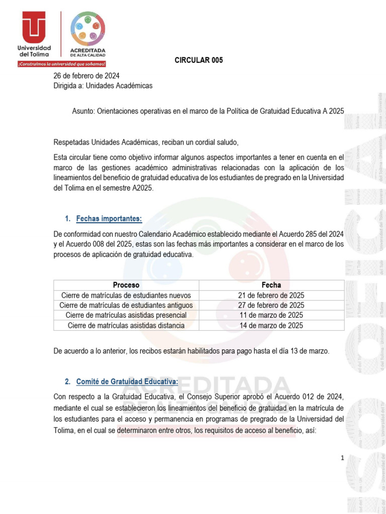 Circular 005 Matriculas y Gratuidad Educativa 2025 | PDF