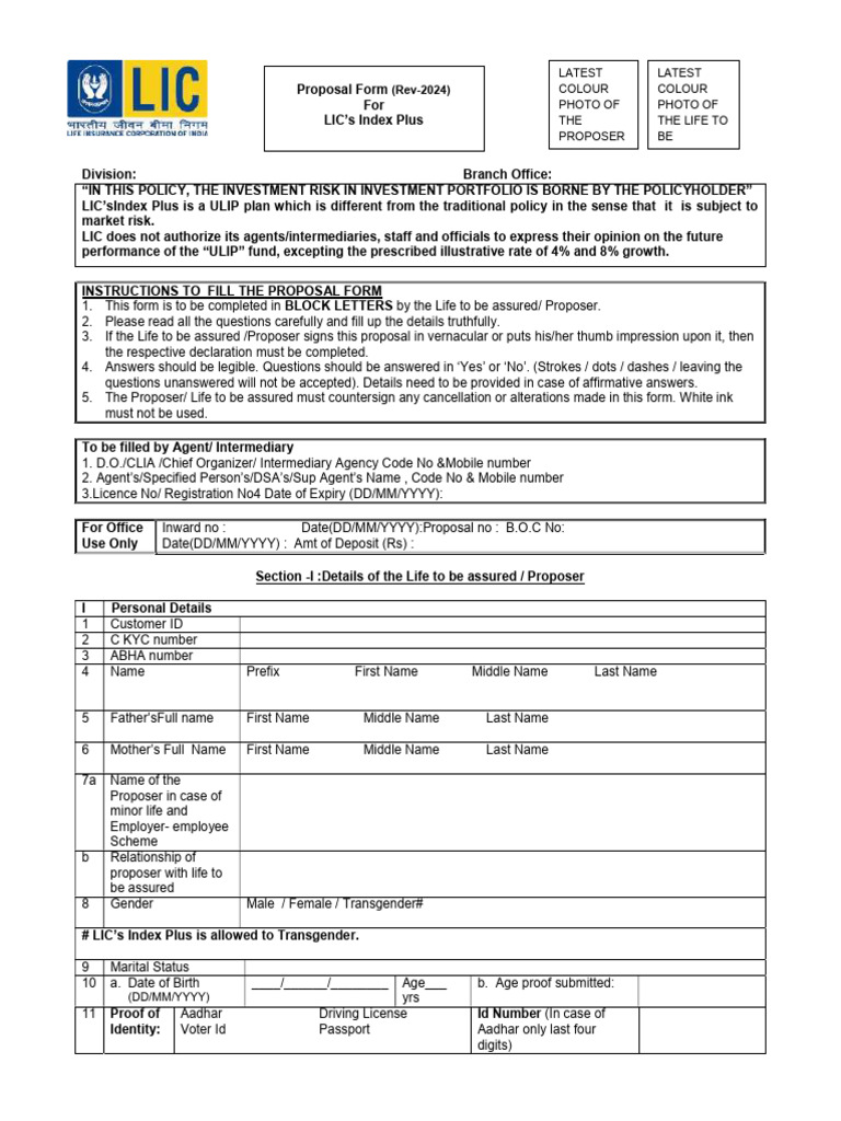 LIC Index Plus Proposal Form Guide | PDF | Insurance | Life Insurance