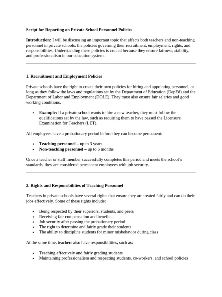 Script For Reporting On Private School Personnel Policies | PDF ...