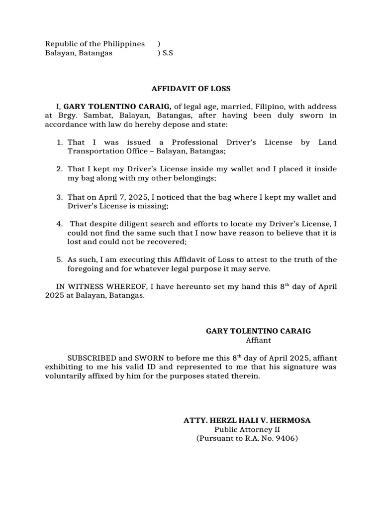 Affidavit of Loss - Drivers License Gary Caraig | PDF