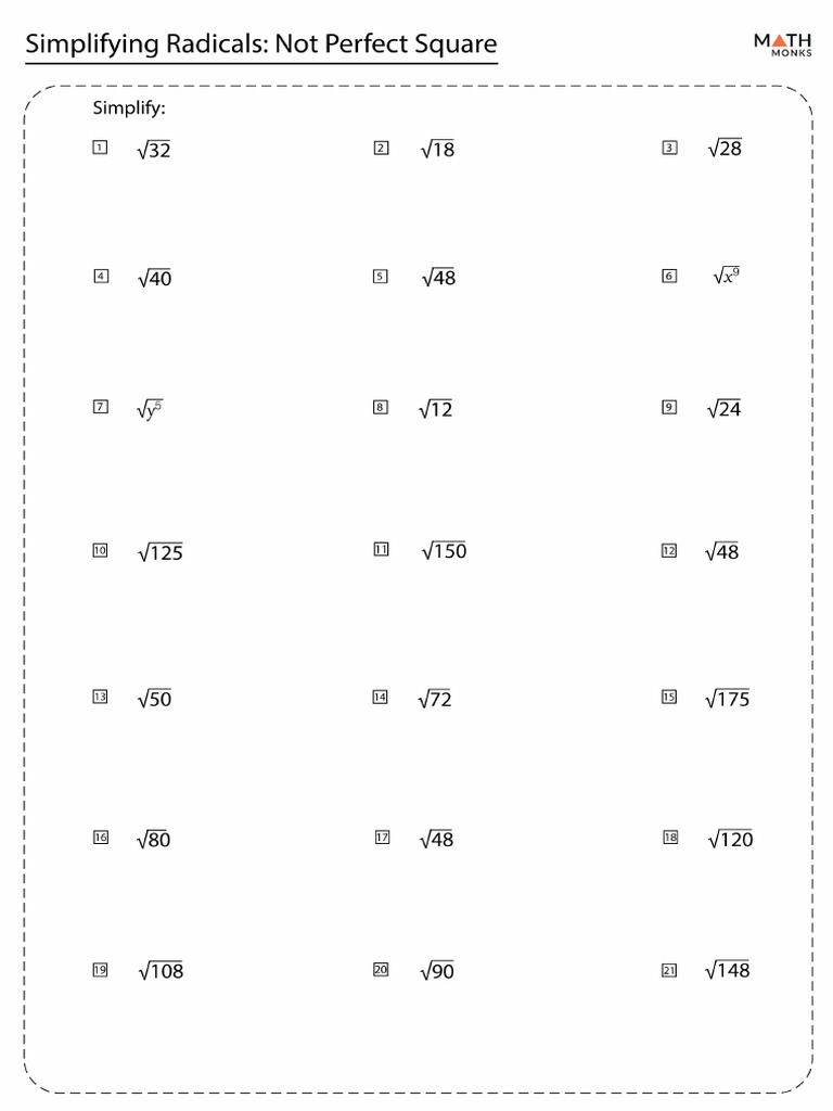 Simplifying Radicals That Are Not Perfect Squares Worksheet | PDF