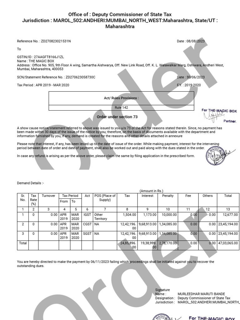 F.Y_19-20_DRC07_ORDER_ZD270823021531N_20230808052542 | PDF | Government | Taxation