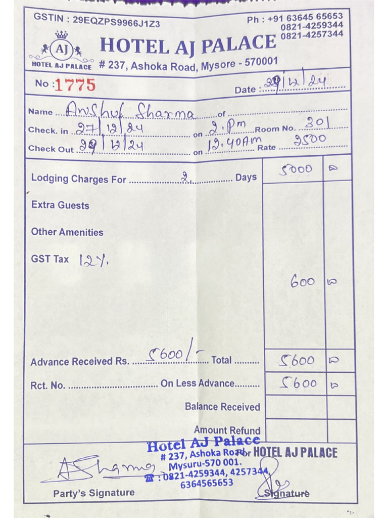 Hotel Bill Mysore | PDF