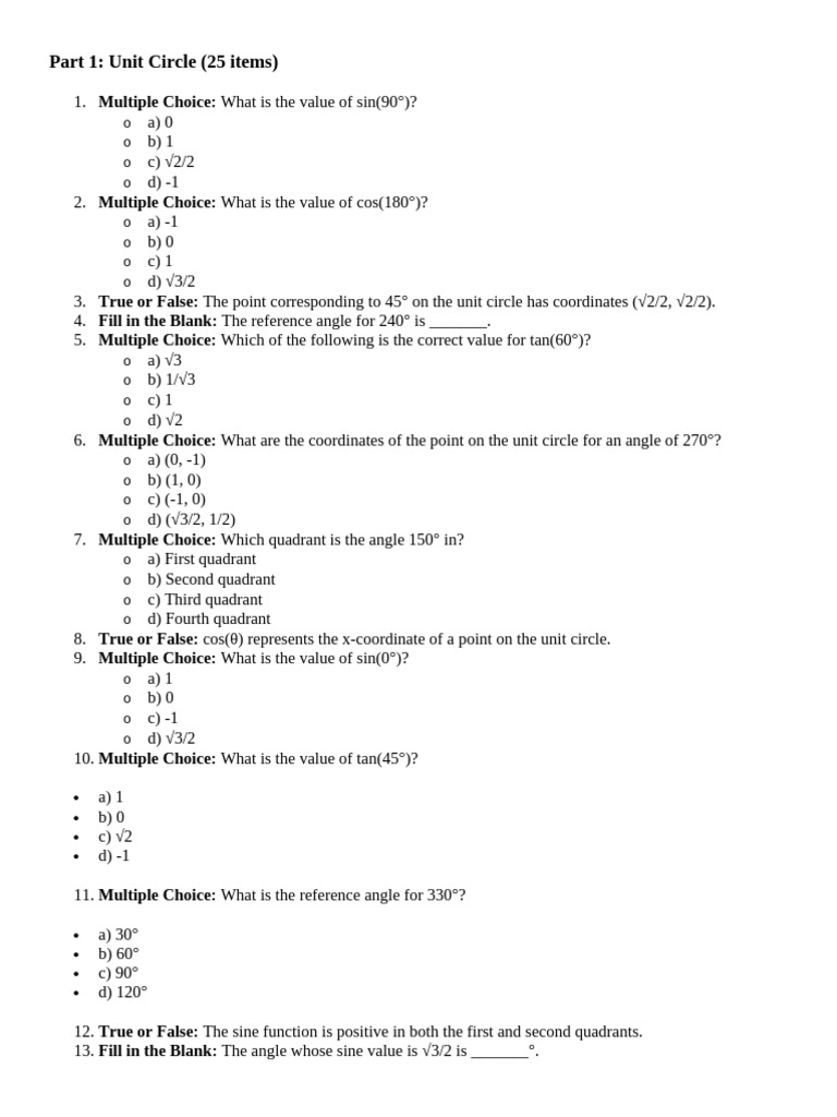 Part 1: Unit Circle (25 Items) : Multiple Choice | PDF | Trigonometric Functions | Triangle Geometry