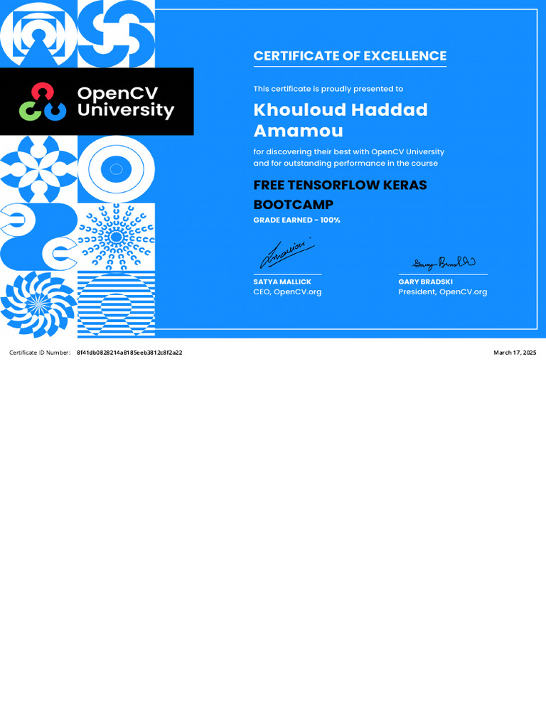 Tensorflow Free Tensorflow Keras Bootcamp Certificate - OpenCV | PDF