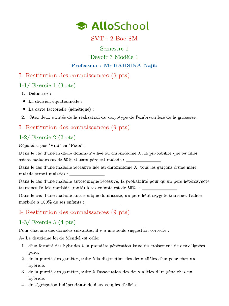 Semestre 1 Devoir 3 Modele 1 SVT 2bac SM | PDF