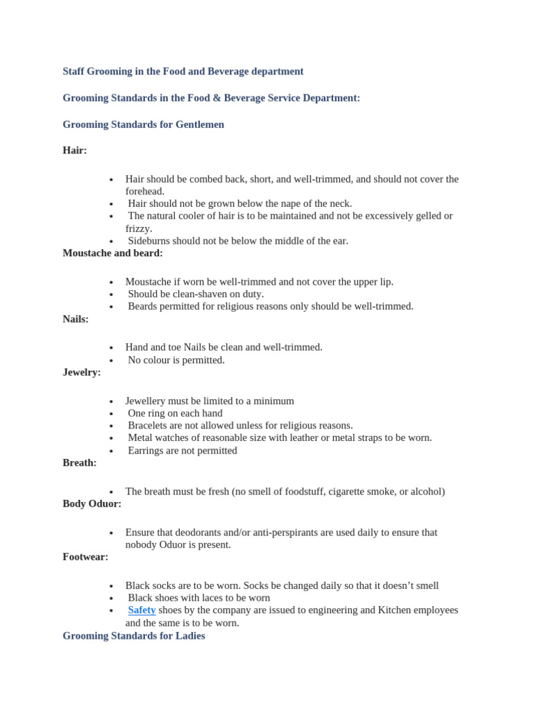 Staff Grooming in the Food and Beverage Department | PDF | Shoe | Jewellery