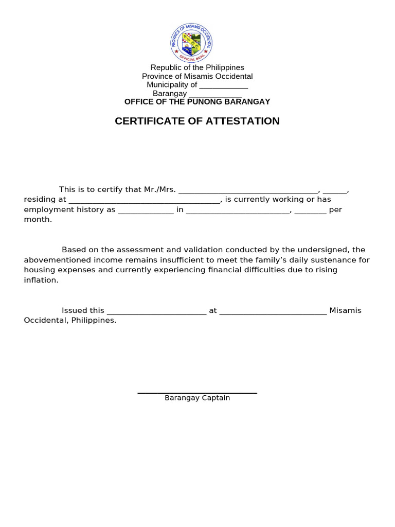 Barangay Certificate of Attestation Sample | PDF