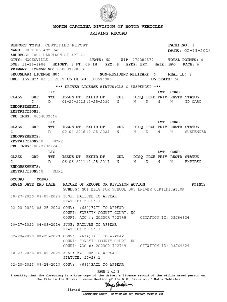 NC Certified Driving Record Summary | PDF | Driver's License | Transport