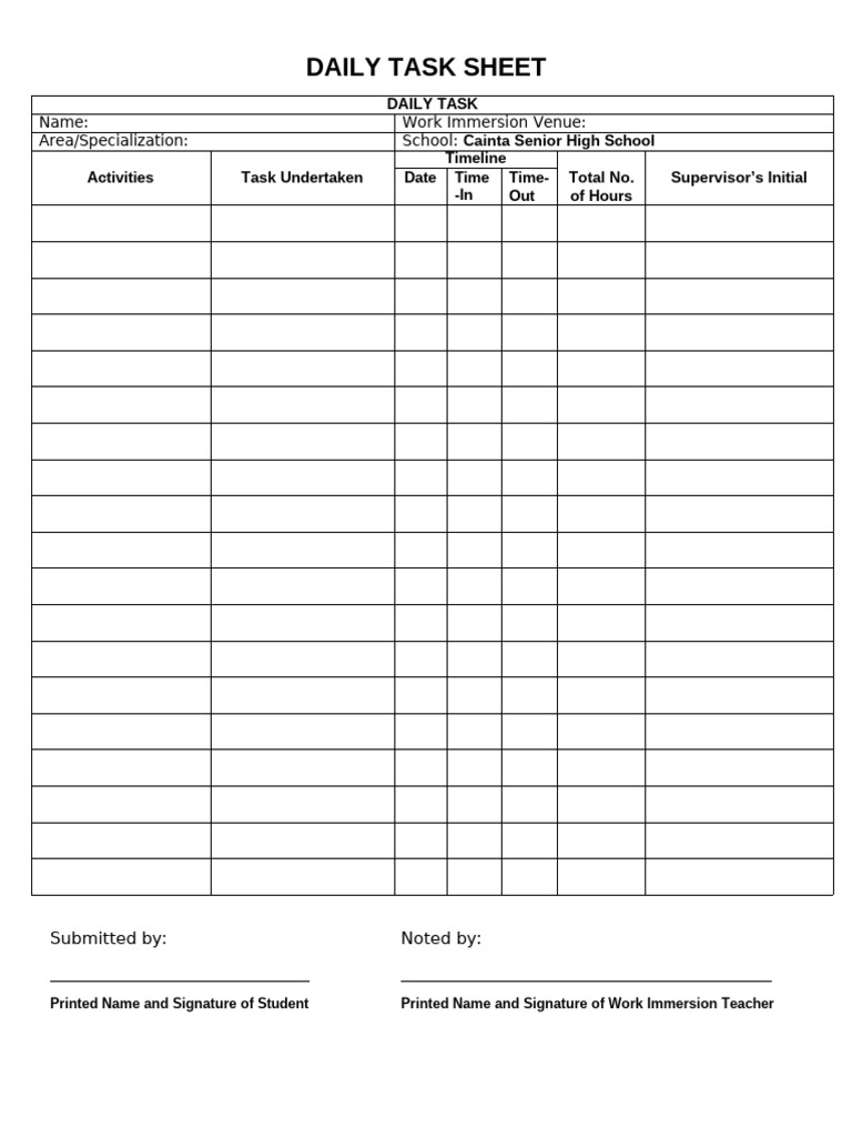 Daily Task Sheet Work Immersion | PDF