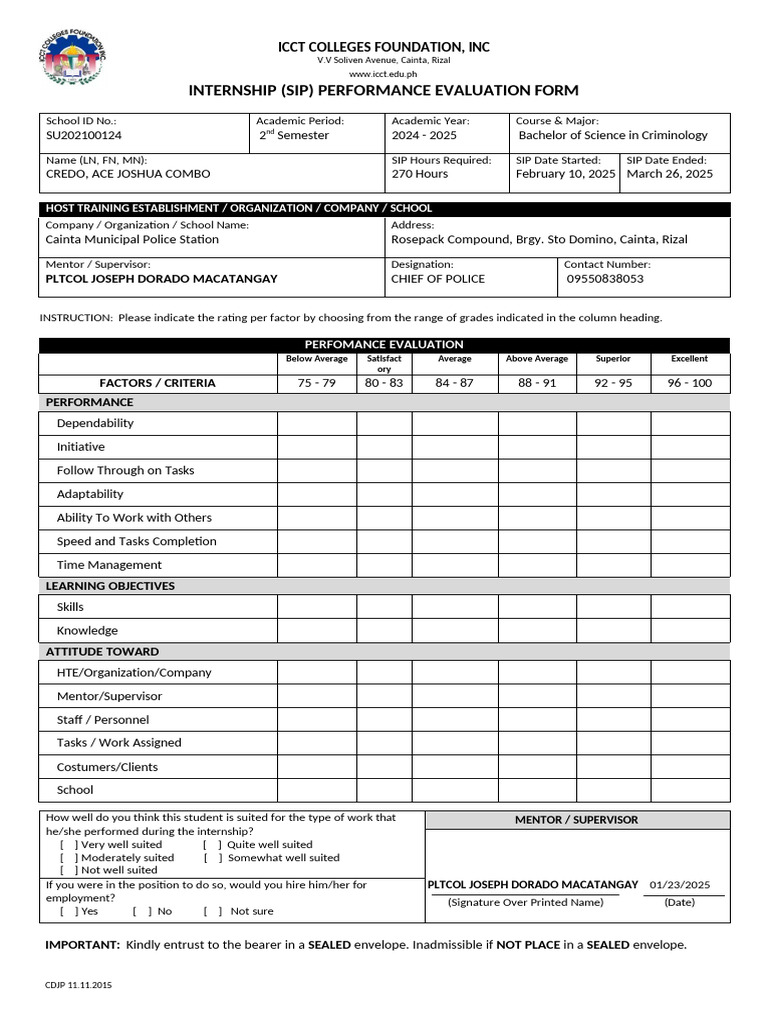 Internship Performance Evaluation Form | PDF | Cognition | Behavior ...