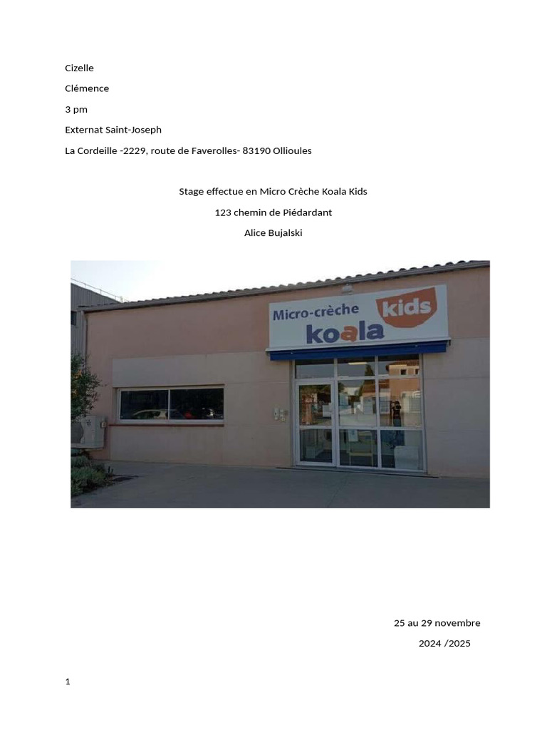 Rapport de Stage en Micro Crèche Koala | PDF | Mode de garde d'enfant | Pédagogie