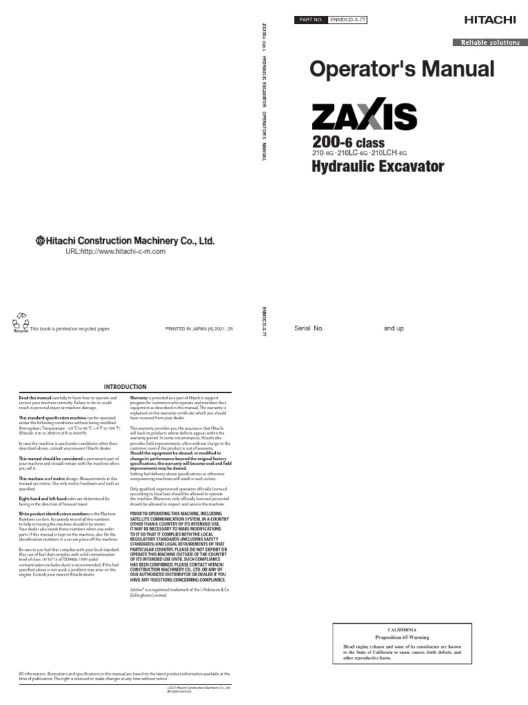 Hitachi ZX210-6G Operator's Manual | PDF | Safety | Pump
