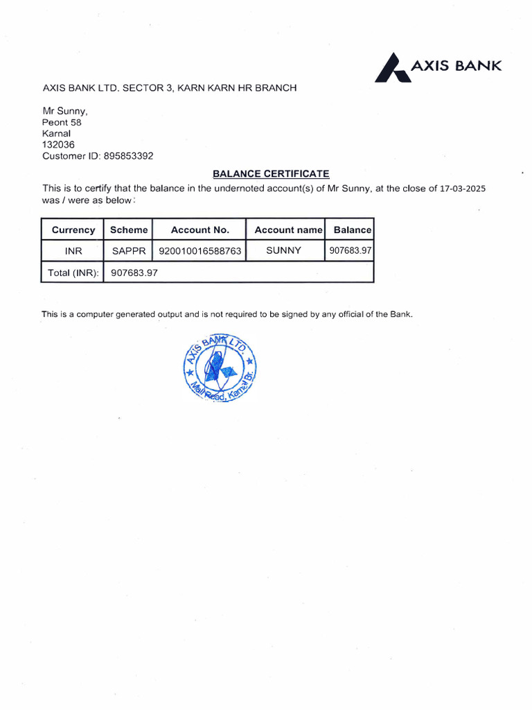 Axis Bank Balance Certificate Sample | PDF
