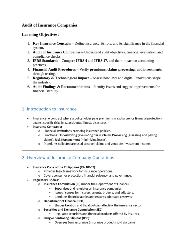 Audit of Insurance Companies Summary Shorten | PDF | Insurance ...