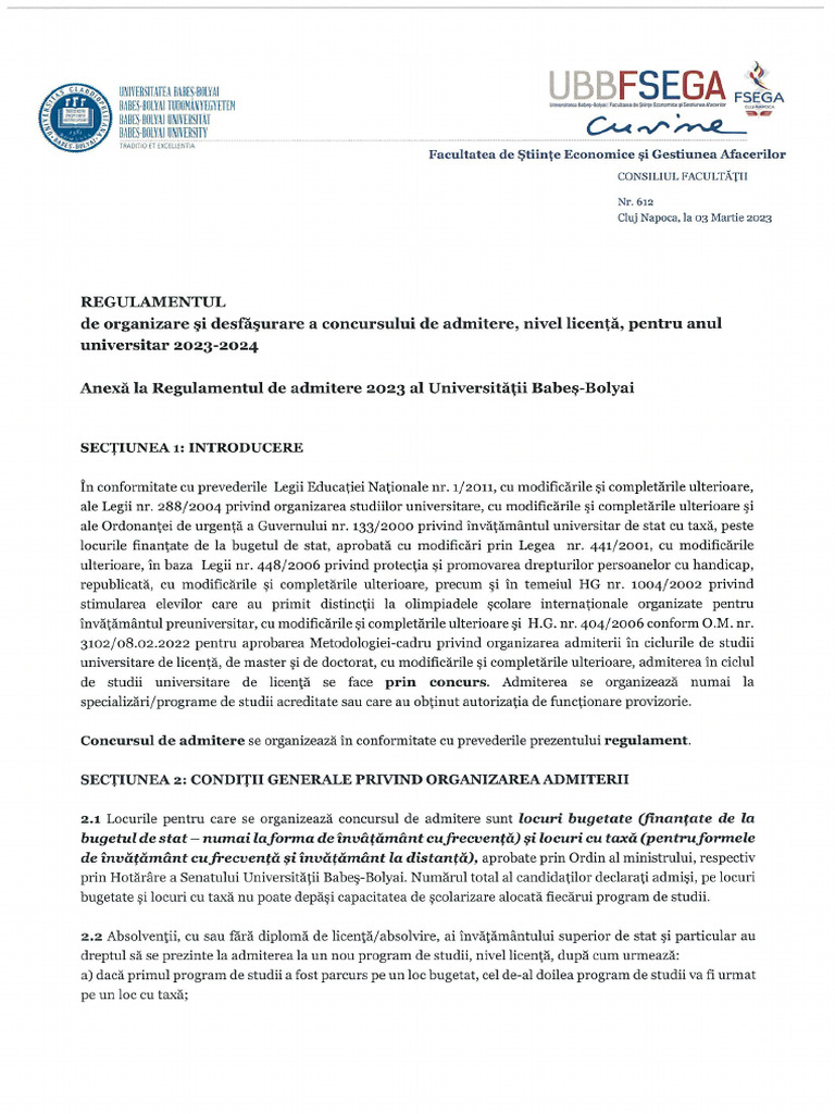 FSEGA Regulament Admitere Licenta 2023 | PDF