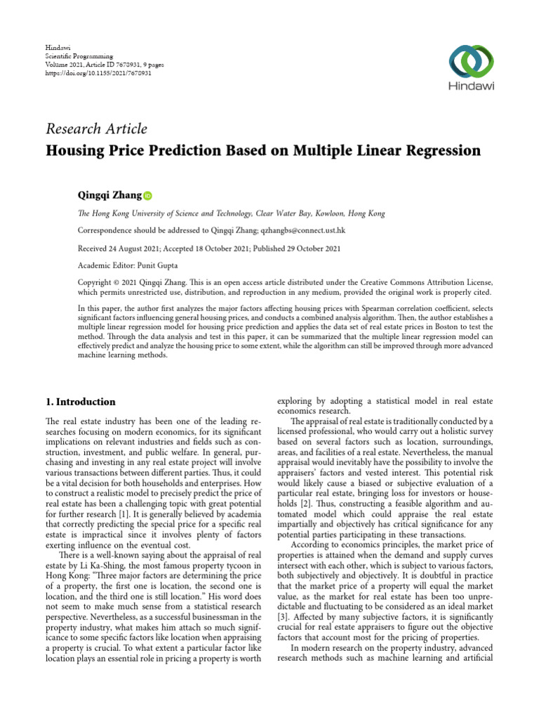 Scientific Programming - 2021 - Zhang - Housing Price Prediction Based On Multiple Linear ...