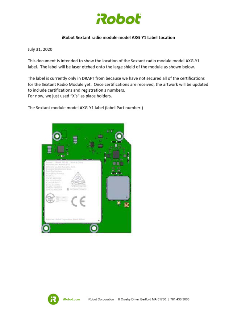 Irobot Sextant Radio Module Model Axg Y1 Label Location | PDF