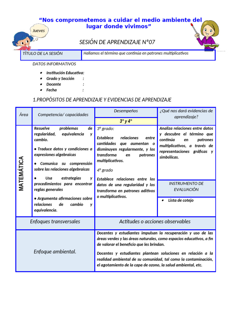 3° y 4° jueves 23 sesión 7 patrones multiplicativos | PDF | Aprendizaje | Entorno natural