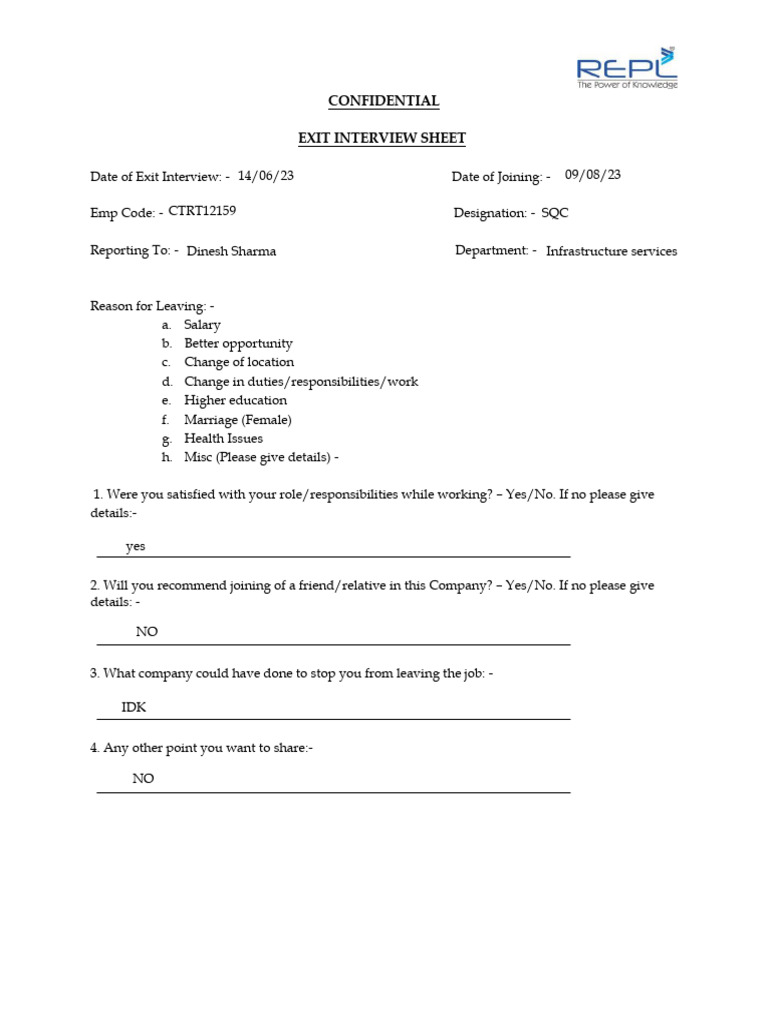 Exit Interview Sheet Template | PDF
