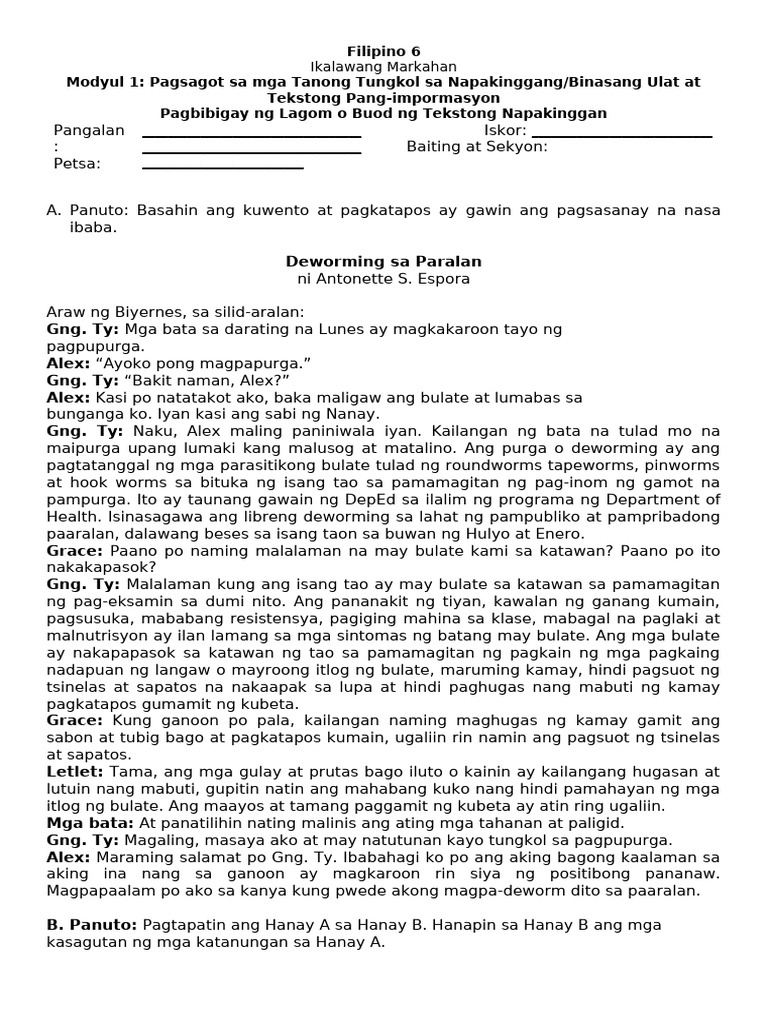Pagsagot Sa Mga Tanong Tungkol Sa Napakinggan o Binasang Teksto at Impormasyon at Pagbibigay NG ...