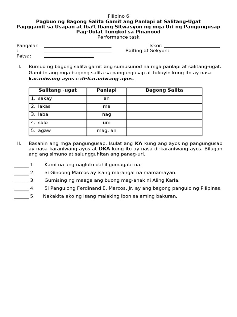 Pagbuo NG Mga Bagong Salita Gamit Ang Panlapi at Salitang-Ugat, Ayos NG Pangungusap ...