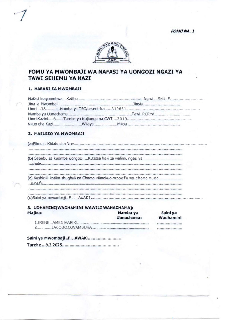 Fomu Ya Mwombaji | PDF