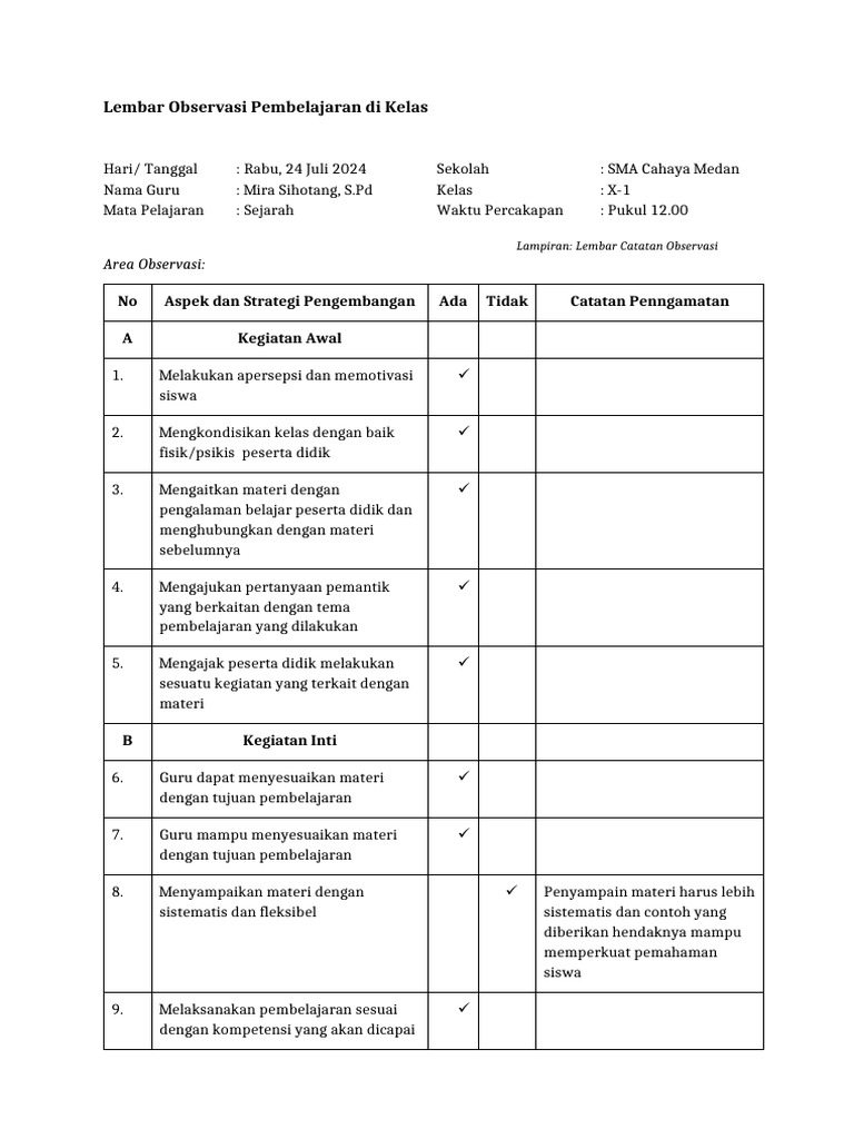2_Lembar Observasi Pembelajaran di Kelas | PDF